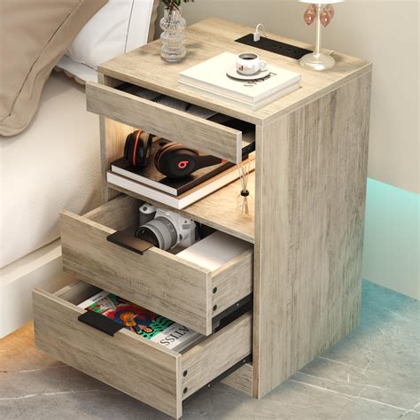 Ivy Bronx Led Nightstand With Charging Station Bedside Table With 3