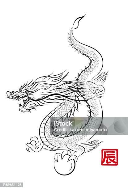 드래곤 볼과 함께 날아 다니는 신성한 용의 세련된 잉크 그림 스타일의 그림 용의 해 새해 카드 소재 벡터입니다 용에 대한 스톡