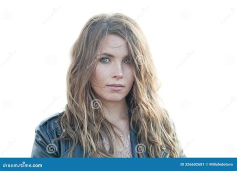 Isolated Young Adult Female Model With Windy Brown Hair Walking Outdoor