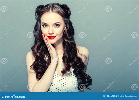 Pin Up Woman Portrait Beautiful Retro Female In Polka Dot Dress With