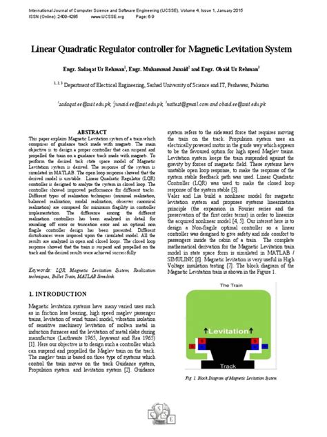 Linear Quadratic Regulator Controller For Magnetic Levitation System Pdf Control Theory