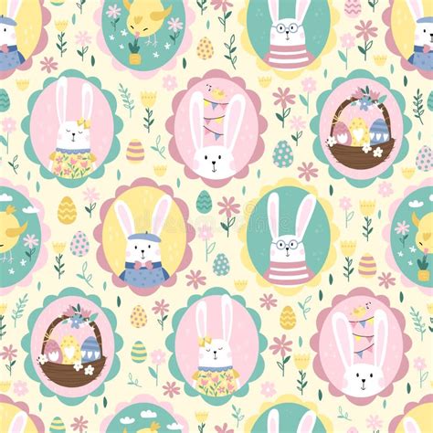 Fun Hand Drawn Easter Seamless Pattern Vintage Style Bunnies In Cute