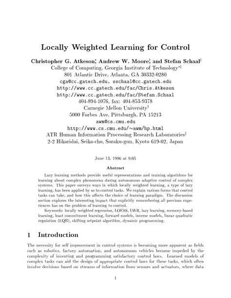Pdf Locally Weighted Learning For Control