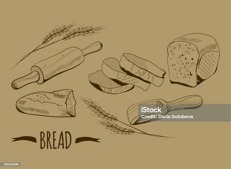 세피아 스타일의 베이커리 일러스트레이션 얇게 썬 덩어리 바게트 에 물린 빵 요리 장비 메뉴 장식 농민 시장 밀의 귀 건강한 식생활에 대한 스톡 벡터 아트 및 기타 이미지