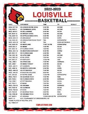 Printable 2022 2023 Louisville Cardinals Basketball Schedule