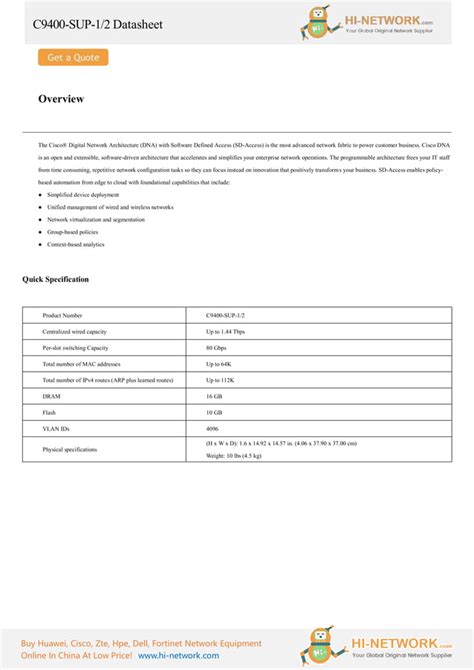 Cisco C9400 Sup 1 2 Datasheet Pdf