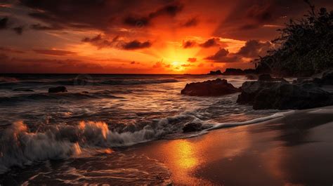 Sunset Over A Beach And Rocks Background Beautiful Sunset Beach