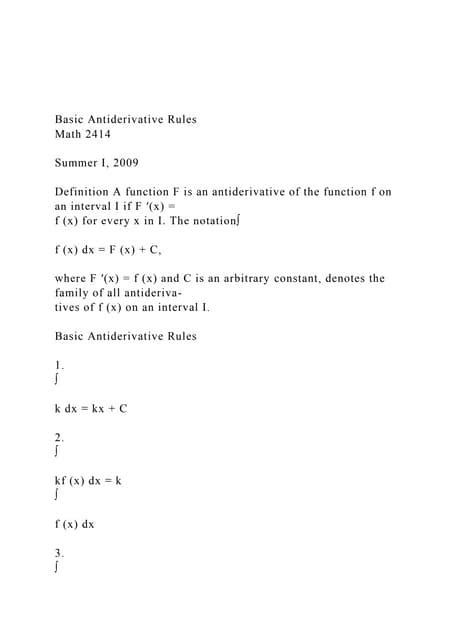 Basic Antiderivative Rulesmath 2414summer I 2009def Docx