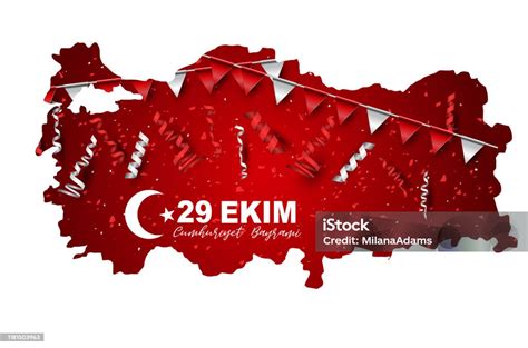 29 에킴 쿠후리예트 바이라미 10월 29일 터키 공화국의 날 국가 영토 모양 번팅 플래그 및 링릿이 있는 배너 디자인 개념입니다 타이포그래피 텍스트가 있는 벡터 그림입니다