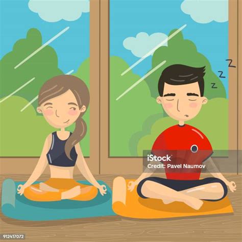 남자와 여자 로터스 위치 부부 명상 창 다채로운 벡터 일러스트 레이 션 앞에서 바닥에 앉아 건강한 생활방식에 대한 스톡 벡터 아트 및 기타 이미지 Istock