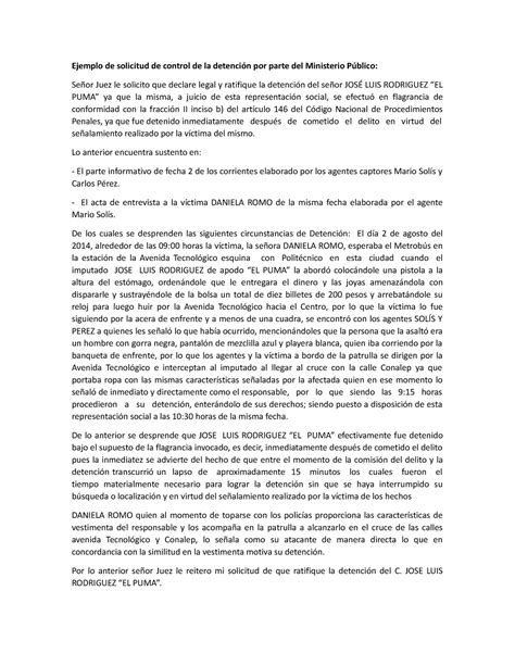 Ejemplo De Solicitud De Control De La Detención Por Parte Del