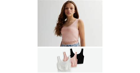 Girls 3 Pack Off White Pink And Black Lace Trim Bralettes New Look