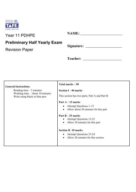 Year 11 Pdhpe Preliminary Half Yearly Exam Revision Paper