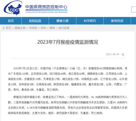 中疾控：7月中国内地新增报告491例猴痘确诊病例重症其他主动