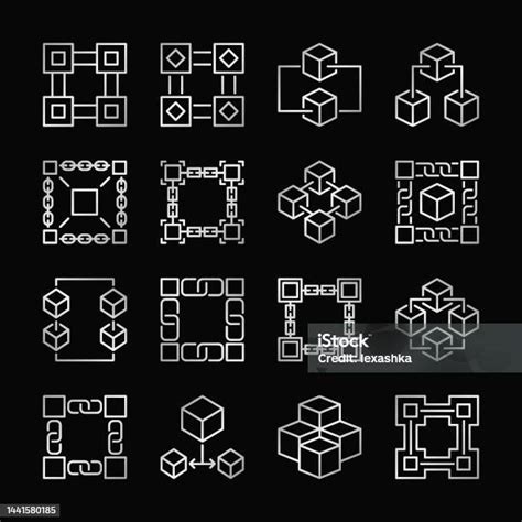 ブロックチェーンの銀色のアイコンブロックチェーン線形記号のベクター画像セット つながりのベクターアート素材や画像を多数ご用意 つながり