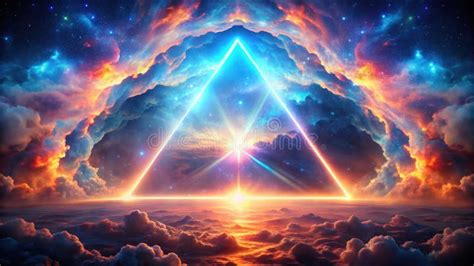 Celestial Triangle A Luminous Beam Pierces Vibrant Nebulae And Clouds