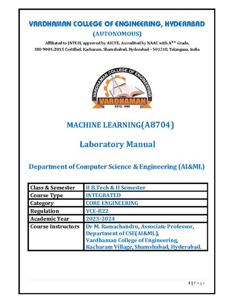 Ml LAB MACHINE LEARNING A8704 Laboratory Manual Department Of