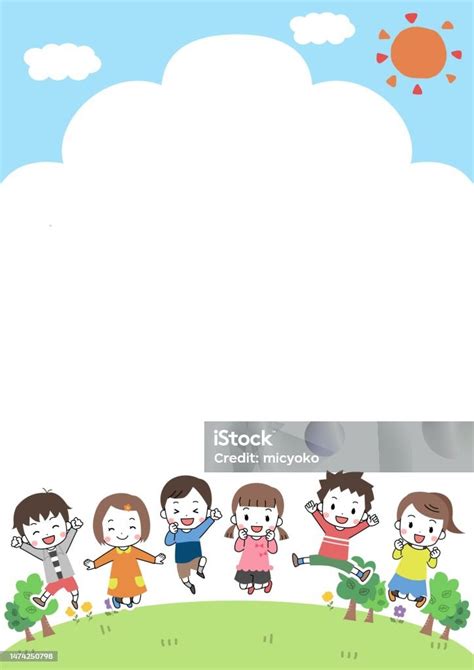 푸른 하늘에서 미소를 지으며 점프하는 아이들의 프레임 소재 그림 경관에 대한 스톡 벡터 아트 및 기타 이미지 경관 교육
