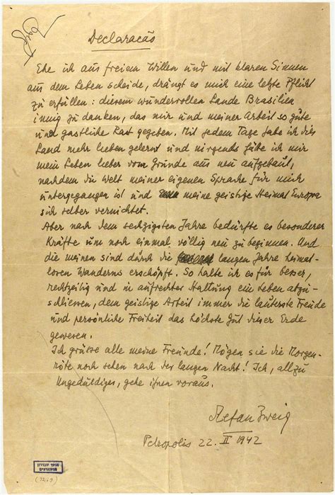 Künste Im Exil Objekte Stefan Zweig Abschiedsbrief 1942