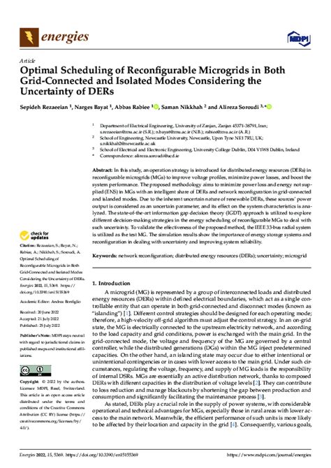 Pdf Optimal Scheduling Of Reconfigurable Microgrids In Both Grid