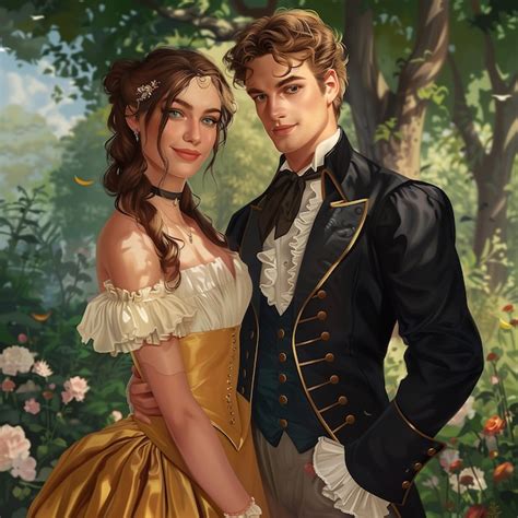 Premium Photo Elegant Couple In Regency Era Attire In A Garden