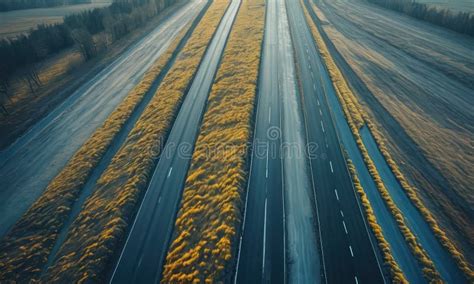 A Road With Yellow Lines Is Shown From An Aerial View Stock
