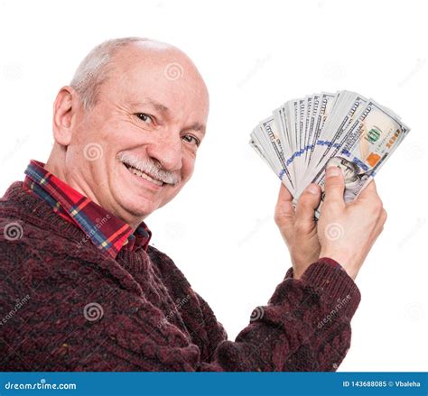 Senior Man Holding A Stack Of Money Portrait Of An Excited Old
