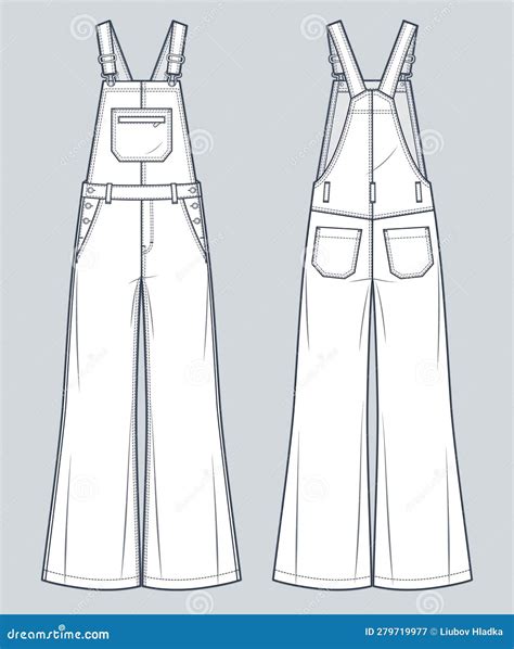 Denim Overalls Fashion Flat Technical Drawing Template Wide Leg Dungarees Jumpsuit Technical