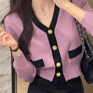 官图 Hy535 包芯纱 短款小香风v领毛衣女装长袖针织开衫外套上衣 阿里巴巴