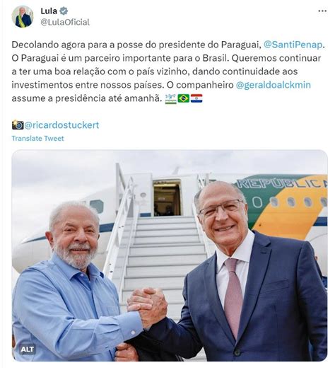 Lula embarca rumo ao Paraguai para participar da posse de Santiago Peña