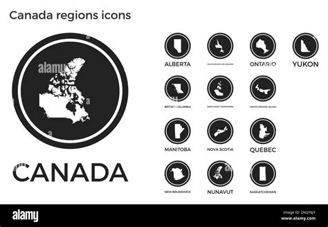 Canada Regions Icons Black Round Logos With Country Regions Maps And