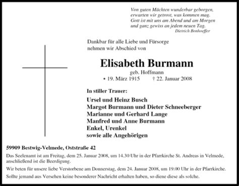 Traueranzeigen Von Elisabeth Burmann Trauer In Nrwde