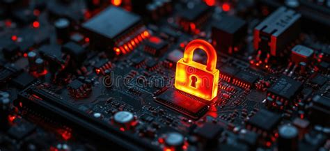 Cybersecurity Concept With Lock Symbol On Circuit Board Background In Red Glow Stock Image