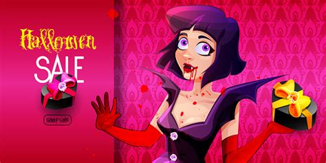 만화 스타일의 할로윈과 판매 개념 텍스트를 위한 공간이 있는 추상적인 화려한 휴일 배경에 선물을 가진 아름다운 뱀파이어 소녀 창의적인 광고 포스터 10월에 대한 스톡 벡터