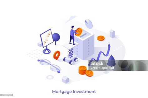 남자가 돈 상자를 만드는 데 달러 동전을 넣는 개념적 인 템플릿입니다 모기지 투자 주택 부동산 부동산 구매를 위한 장면 웹 사이트 배너에 대 한 현대 Isometric 벡터