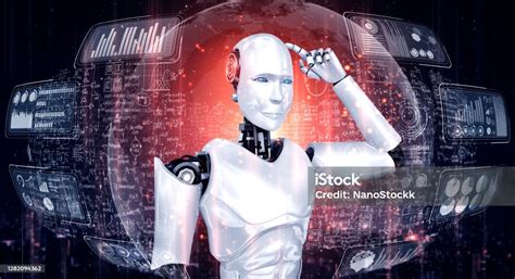 수학 공식 및 과학의 화면을 분석하는 Ai 휴머노이드 로봇 사고 0명에 대한 스톡 사진 및 기타 이미지 0명 개념 개발