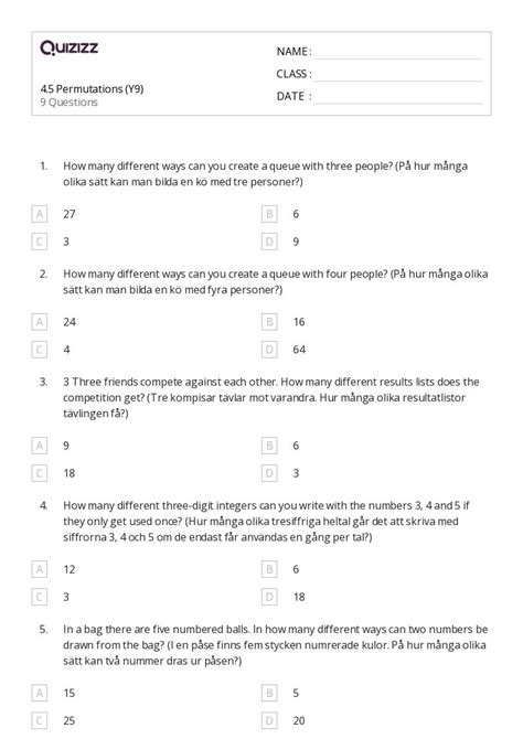 50 Permutations Worksheets For 8th Class On Quizizz Free And Printable