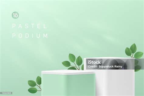 추상 녹색과 흰색 둥근 모서리 큐브 플랫폼 연단 창 조명과 녹색 잎 파스텔 라이트 그린 최소 벽 장면 화장품 디스플레이