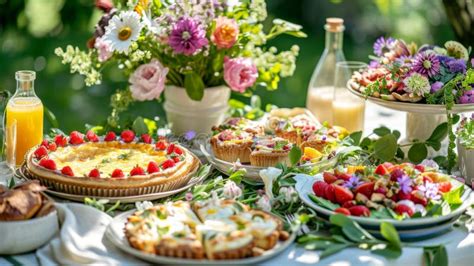 Bright Outdoor Easter Brunch Table With Spring Spread Stock Image