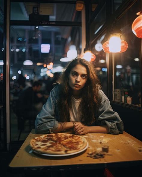 Premium Ai Image A Girl Sits In Front Of A Pizza With The Word On It