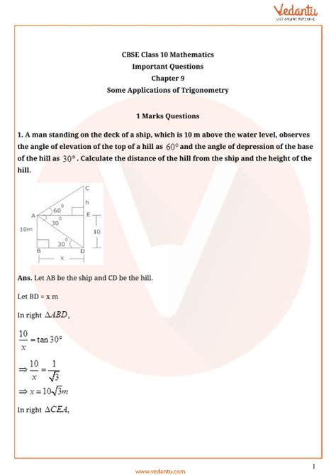 Some Applications Of Trigonometry Important Questions Of Class 10