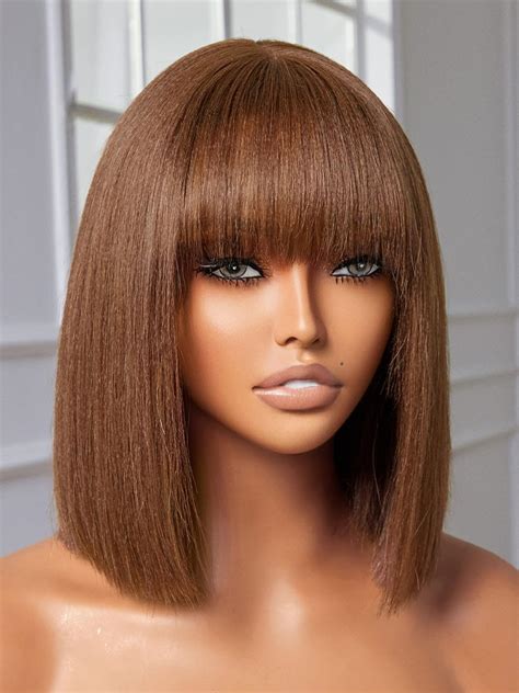 Yasgrl 10 Brown Wig With Bangs Light Yaki Straight Human