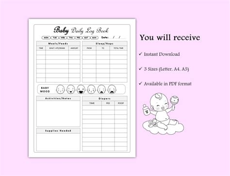 Infant Daily Log Printable Baby Daily Log Template Baby Etsy