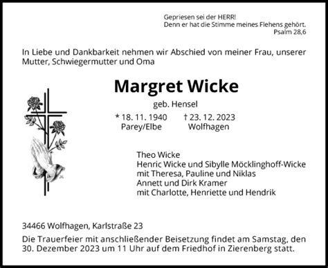 Traueranzeigen Von Margret Wicke Trauer HNA De