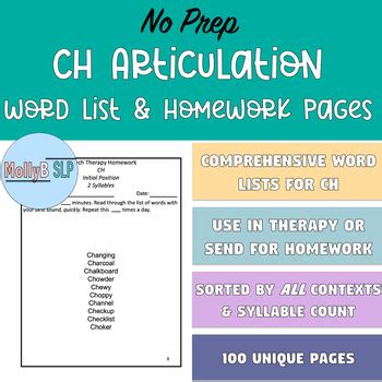 Articulation CH Word Lists For Homework And Speech Therapy By MollyB SLP
