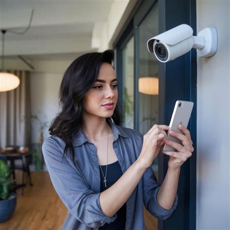 Woman Connecting Security Camera To Smartphone Premium Ai Generated Image
