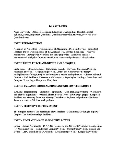 DAA AND DS Syllabus DAA SYLLABUS Anna University AD Design And Analysis Of Algorithms