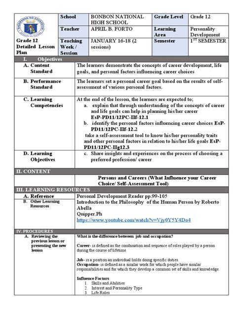 Dlp Shs Personality Development Persons And Career Pdf Learning