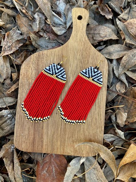 Long Red Beaded Fringe Earrings Seed Bead Earrings Dangle Etsy