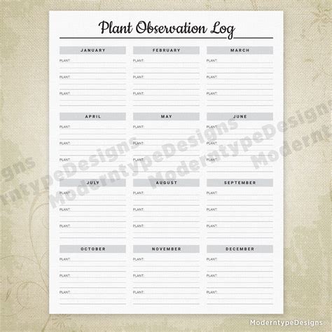 Monthly Plant Observation Log Printable Observation Home Management